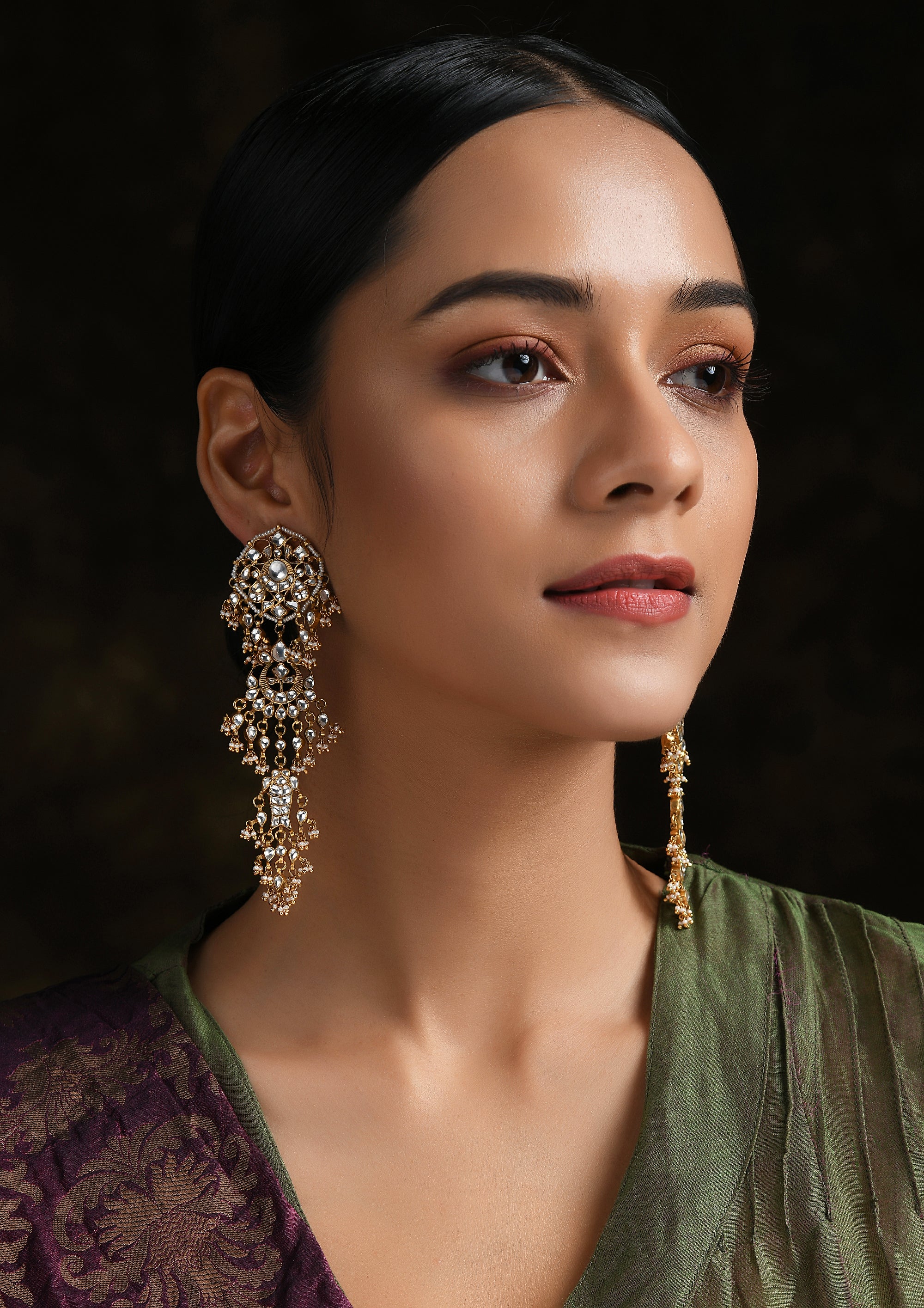 Long Monochrome Macha Earrings With Pearls – Vamika Silver, Jaipur